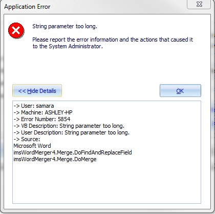 Error 5854 - String parameter too long when merging Word Document caused by replace code trying ...